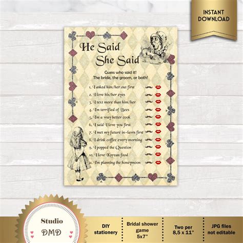He Said She Said Printable Bridal Shower Game Alice In Etsy