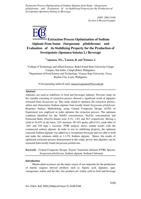 Pdf Extraction Process Optimization Of Sodium Alginate From Samu Sargassum Piluleferum And
