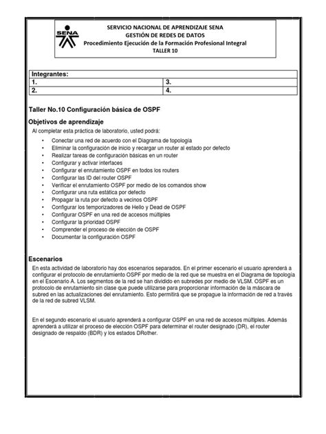 Taller 10 Configuración Ospf Pdf Enrutador Computación Dirección Ip