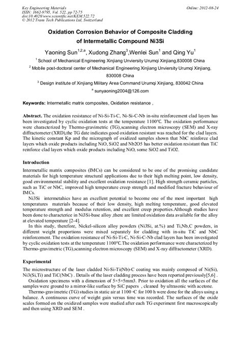 Oxidation Corrosion Behavior Of Composite Cladding Of Intermetallic Compound Ni3si Scientific Net