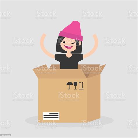 젊은 명랑 캐릭터 골 판지 상자 밖으로 점프 배달 서비스입니다 개념입니다 평면 편집 가능한 벡터 일러스트 레이 션 클립 아트
