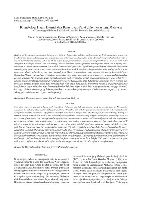 Pdf Klimatologi Hujan Diurnal Dan Bayu Laut Darat Di Semenanjung Malaysia