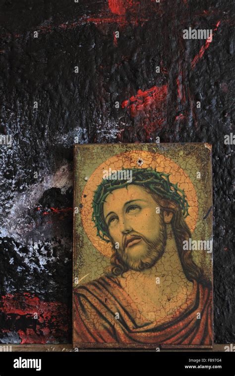 Jesus Christ Portrait Crowned With Thorns Painting Photo Against Dark Paint Background