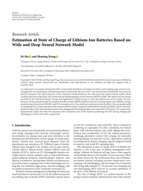 Pdf Estimation Of State Of Charge Of Lithium Ion Batteries Based On Wide And Deep Neural