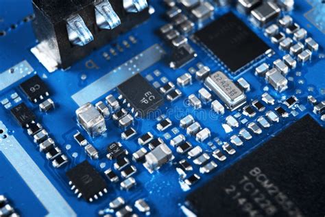Macro Shot Of Circuit Board With Resistors Microchips And Electronic Components Computer
