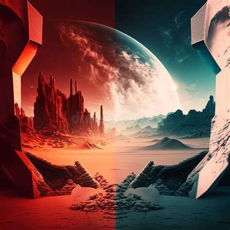 a red and white sci fi landscape where two distinct worlds collide