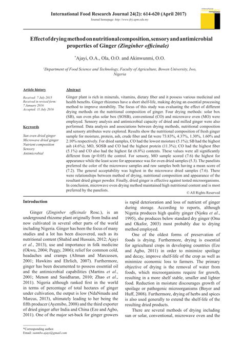 Pdf Effect Of Drying Method On Nutritional Composition Sensory And