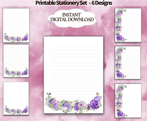 Printable Stationery A4 And Us Letter Size Purple Flower Digital