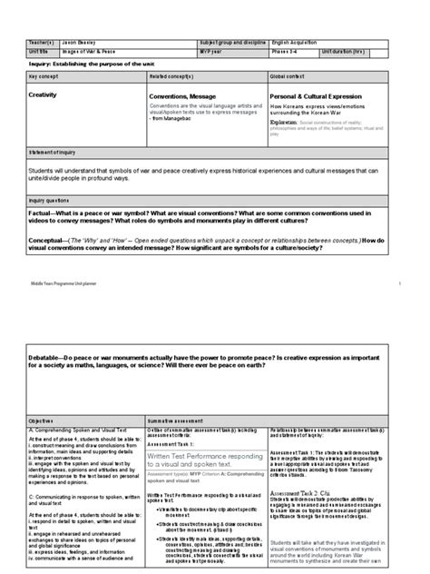 Sample Myp Ela Unit Plan Educational Assessment Concept
