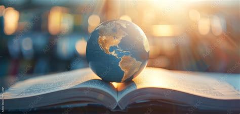 World Globe Sitting On An Open Book With Light Rays In The Background World Globe Sitting On An Open Book With Light Rays In The Background