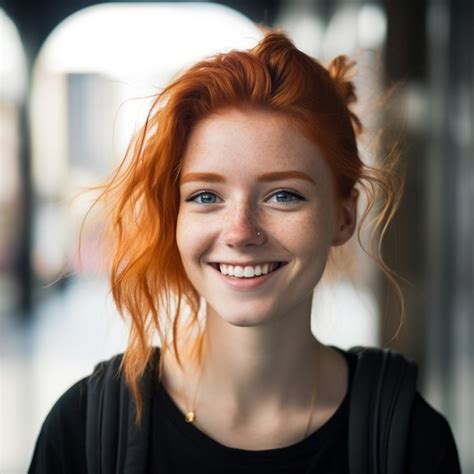 Premium Ai Image A Young Woman With Red Hair Smiling In Front Of A Store