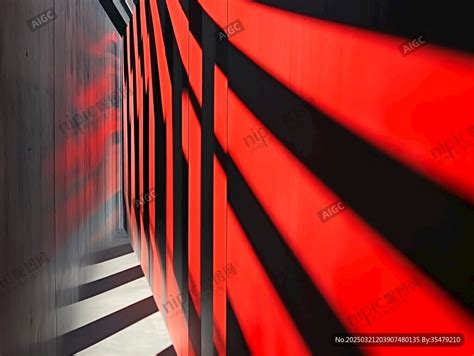 Ai创作图红色 走廊 阴影 墙壁 光线 几何 图案 建筑 设计 现代 艺术 摄影 抽象 视 色彩 对比 透视 昵图网