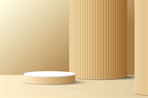 호화스러운 3d 백색 갈색 실린더 연단 받침대는 거대한 기둥 또는 극 배경으로 현실적이다 제품 전시 또는 모형을 위한 최소한의