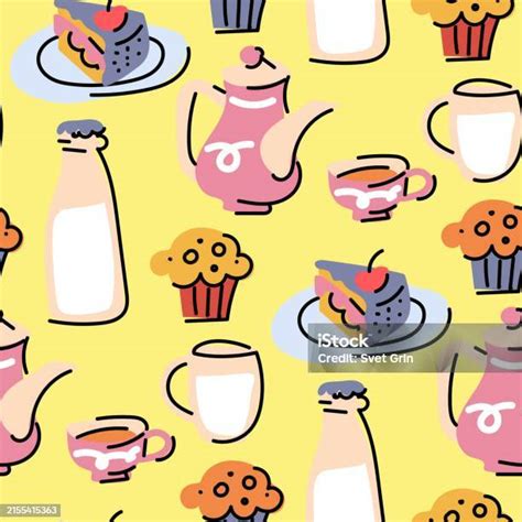 티 파티 디테일과 과자의 세련된 일러스트가 있는 귀여운 작은 스티커 패턴 세련되고 아늑한 요소가 있는 완벽한 배경 직물 및 종이에 인쇄하는 데 이상적입니다 장식 카페에 대한
