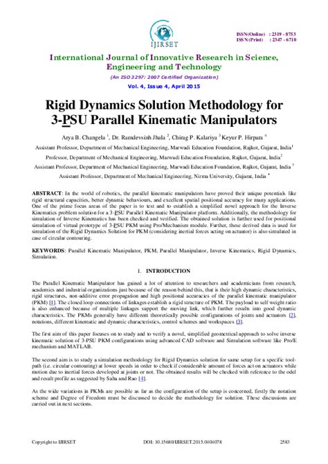 Pdf Rigid Dynamics Solution Methodology For 3 Psu Parallel Kinematic Manipulators