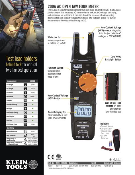 Klein Tools 200 Amp Ac Open Jaw Fork Meter Cl360 The Home Depot