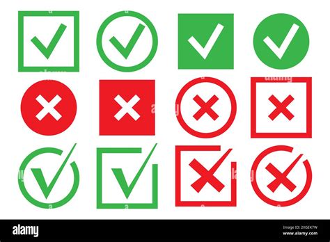 Checkmark And Cross Icons Green And Red Symbols Various Shapes Vector