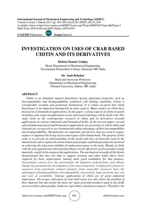 Pdf Investigation On Uses Of Crab Based Chitin And Its Derivatives