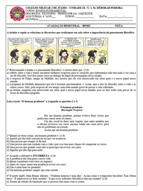 Avaliação De Filosofia 6º Ano Bim02 Pdf Prudência Pensamento