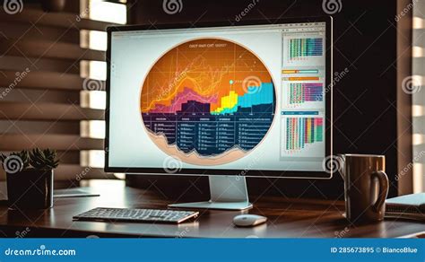 The Side View of a Computer Screen Displaying Multiple Financial Reports, Graphs and Pie in ...