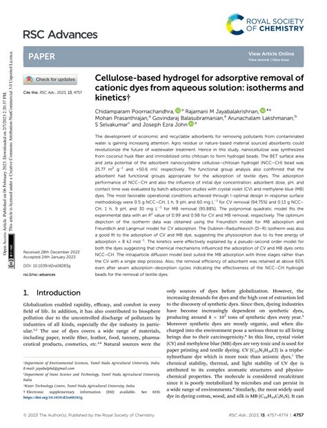 Pdf Cellulose Based Hydrogel For Adsorptive Removal Of Cationic Dyes