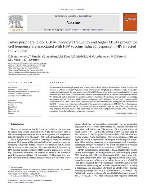 Pdf Lower Peripheral Blood Cd14 Monocyte Frequency And Higher Cd34
