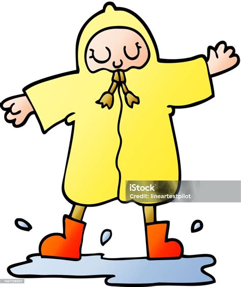 벡터 그라데이션 그림 만화 사람 비옷을 입고 웅덩이에 튀는 사람 낙서 드로잉에 대한 스톡 벡터 아트 및 기타 이미지 낙서