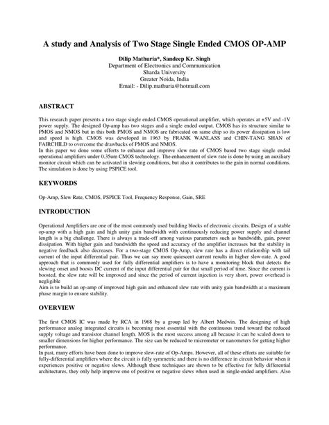 PDF A Study And Analysis Of Two Stage Single Ended CMOS OP