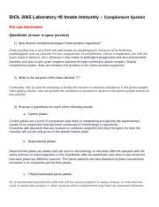 Lab 8 PreLab Worksheet Docx BIOL 2065 Laboratory 8 Innate Immunity Complement System Pre