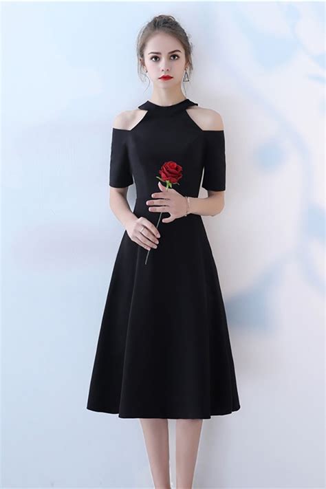 Elegant Tea Length Black Party Dress With Cold Shoulder Sleeves