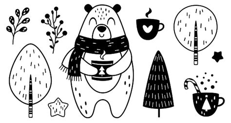 흑인과 백인 겨울 클립 아트 귀여운 곰 크리스마스 트리 식물 만화 평면 스타일에 머그잔 벡터 일러스트 레이 션 라인아트에 대한
