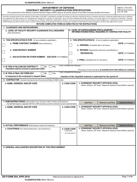 DD Form 254 Department Of Defense Contract Security Classification
