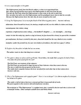The Highwayman Reading Comprehension Teaching Resources Worksheets Library
