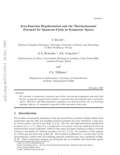 Pdf Preprint Zeta Function Regularization And The Thermodynamic