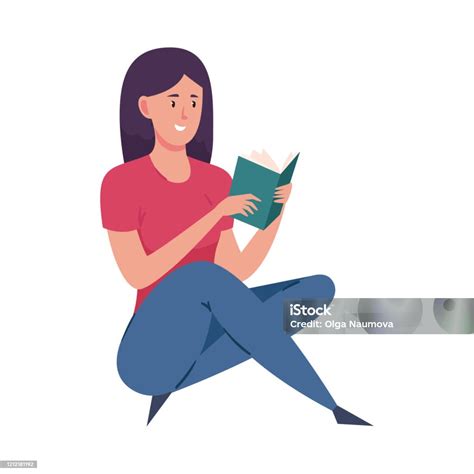 어린 소녀가 앉아서 책을 읽는다 평면 만화 스타일의 벡터 일러스트레이션입니다 읽기에 대한 스톡 벡터 아트 및 기타 이미지