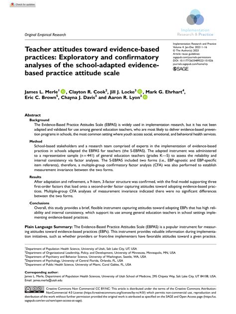 Pdf Teacher Attitudes Toward Evidence Based Practices Exploratory