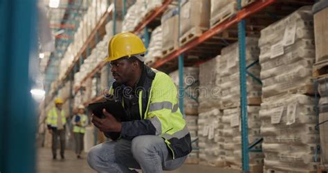 Stock Tablet Or Man With Barcode Scanner In Factory For Inspection