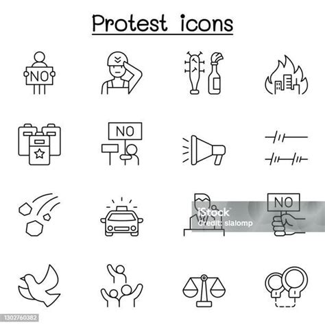 以細線樣式設置的抗議圖示向量圖形及更多人圖片 人 人權 公投 Istock