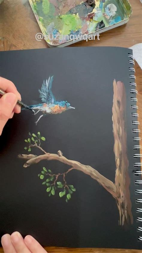 Blue Bird Acrylic Painting On A Black Canvas Basic Art Techniques Diy Art Painting