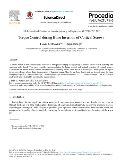 PDF Torque Control During Bone Insertion Of Cortical Screws