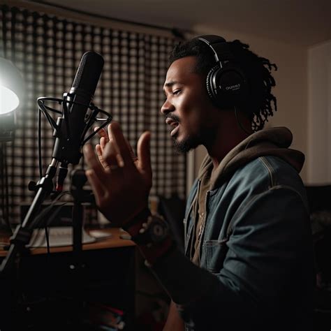 Premium Ai Image A Man Wearing Headphones Singing Into A Microphone