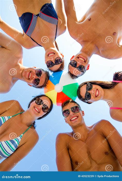 Smiling Friends In Circle On Summer Beach Stock Image Image Of Person People