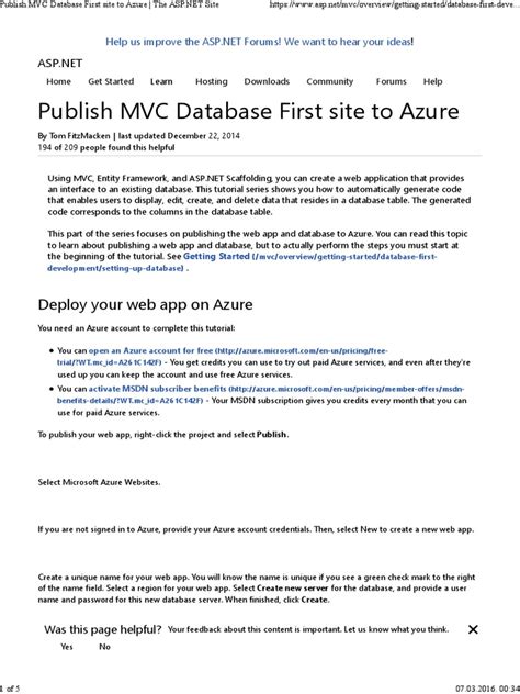Publish Mvc Database First Site To Azure Pdf Web Application