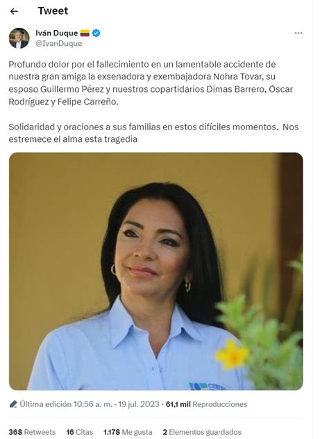 Quién Era Nohora Tovar La Exsenadora Que Falleció En Accidente Aéreo