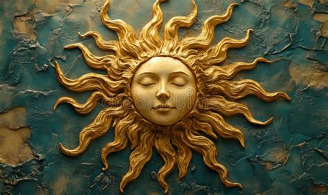 Golden Sun Sculpture With Serene Face And Wavy Rays On Textured Blue