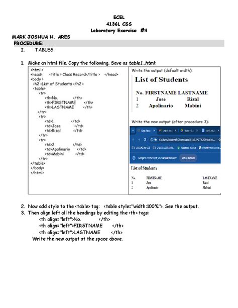 Ece4136l Exer4 Css Notes On Html Ecel 4136l Css Laboratory Exercise