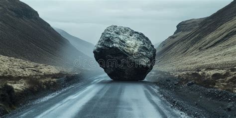Large Boulder Blocks Misty Mountain Road A Symbol Of Nature S Power