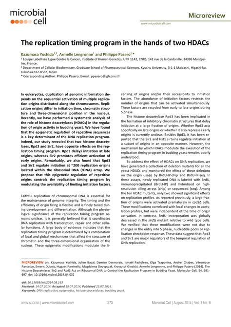 Pdf The Replication Timing Program In The Hands Of Two Hdacs