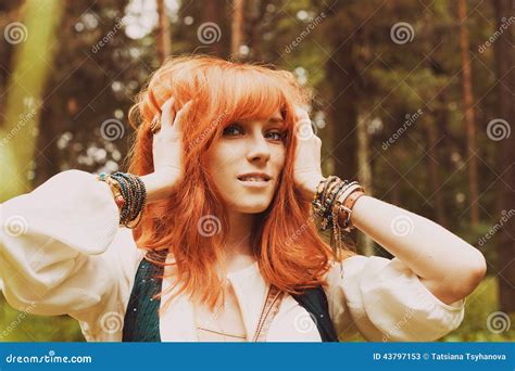 Portrait Of Romantic Hippie Woman Smile In The Woods Stock Image