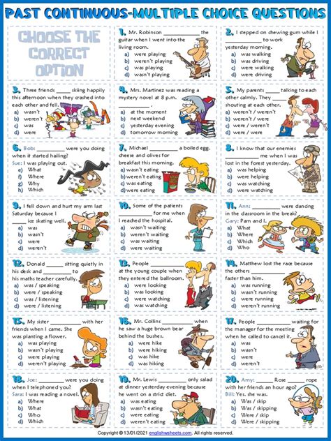 Past Continuous Tense Esl Printable Multiple Choice Questions Worksheet